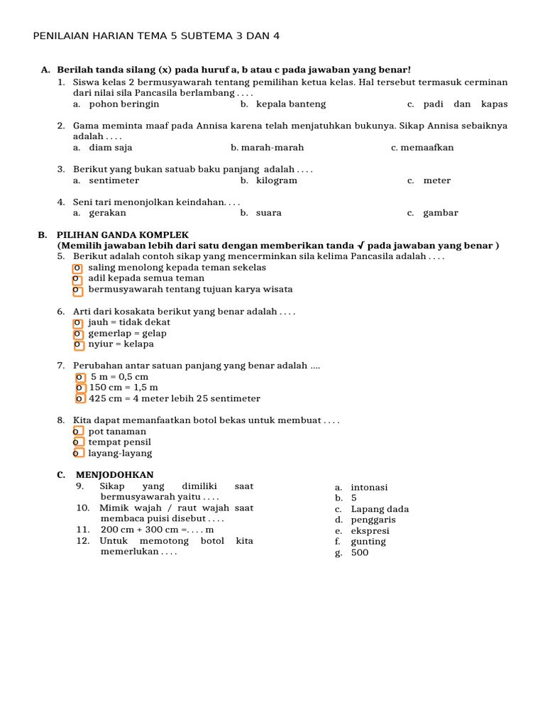PENILAIAN HARIAN TEMA 5 SUBTEMA 3 DAN 4 | PDF