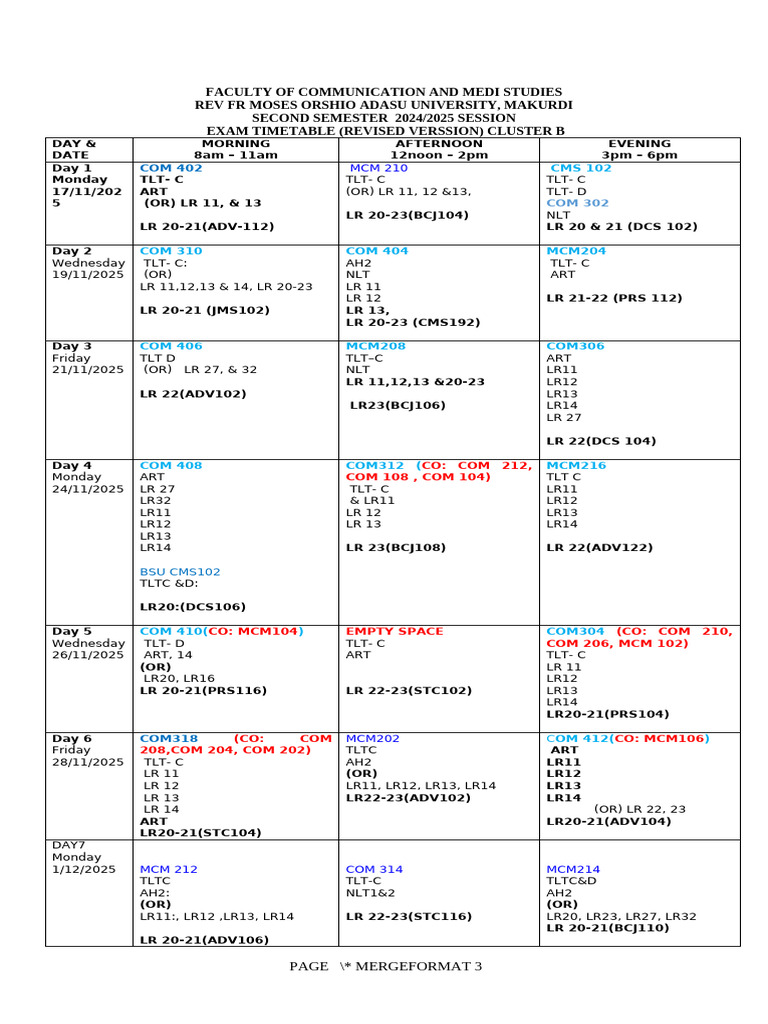 Revised Exam Timetable 2024/2025 | PDF