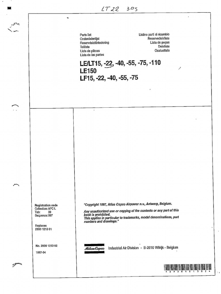 Atlas Copco Main Air Comprassor Spare Parts Book Type LT 22-30 Ke | PDF