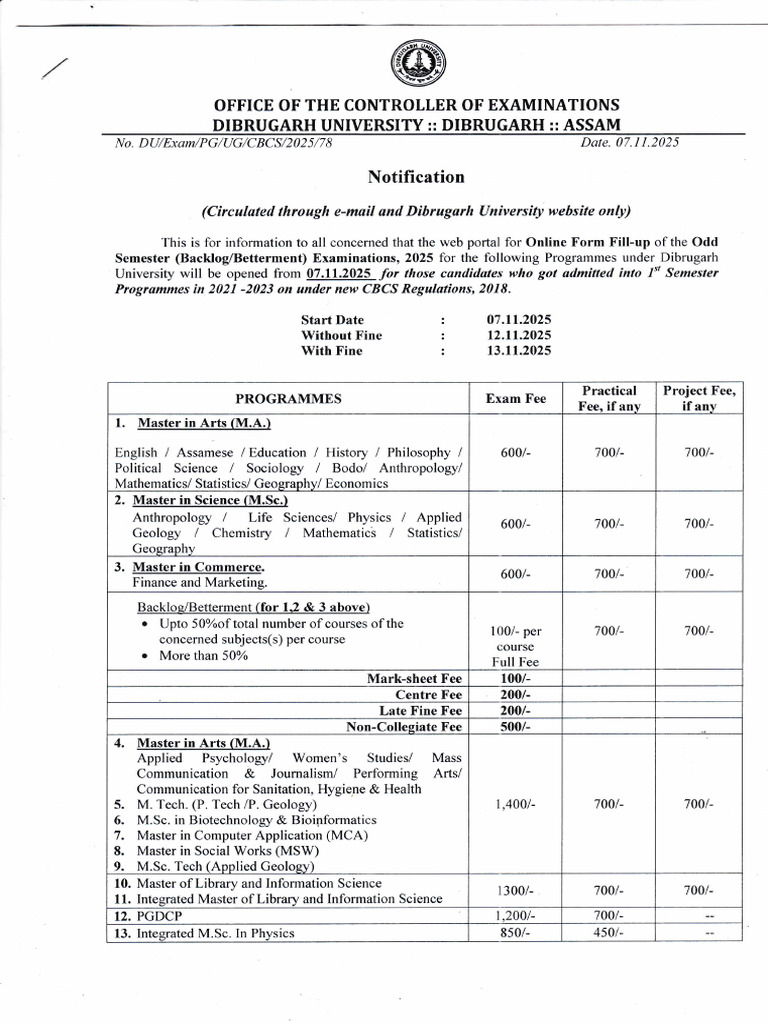 Notification of Fees and Forms For Odd Semester (Backlog-Betterment) Exam. 2025 | PDF
