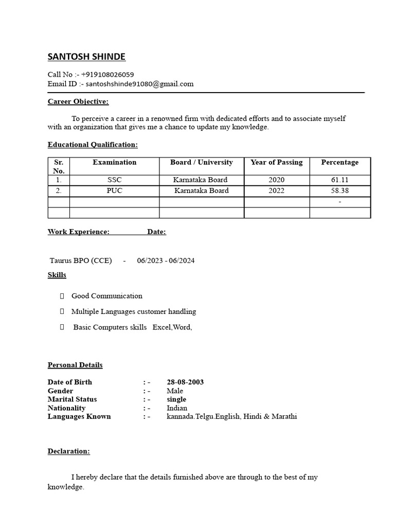 Santosh Shinde Resume and Career Overview | PDF