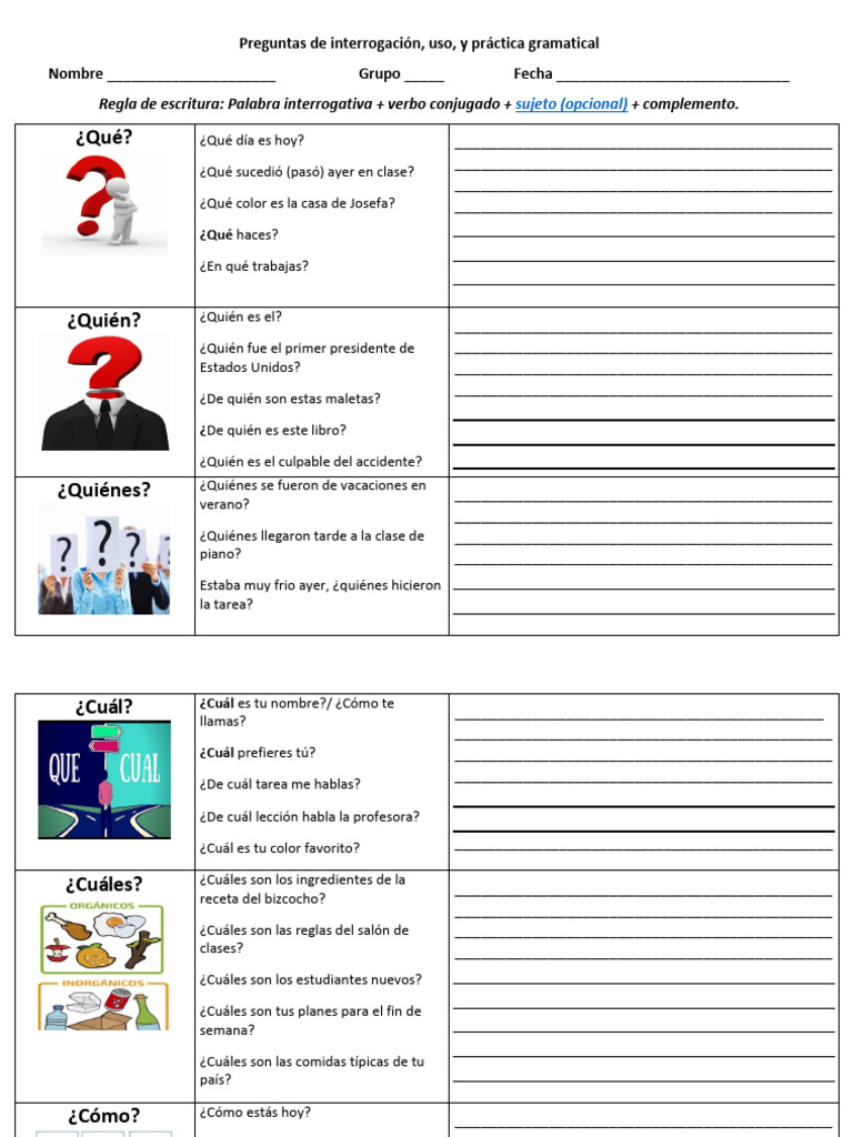 Palabras Interrogativas Uso Verbos Escribir Oraciones | PDF | Verbo ...