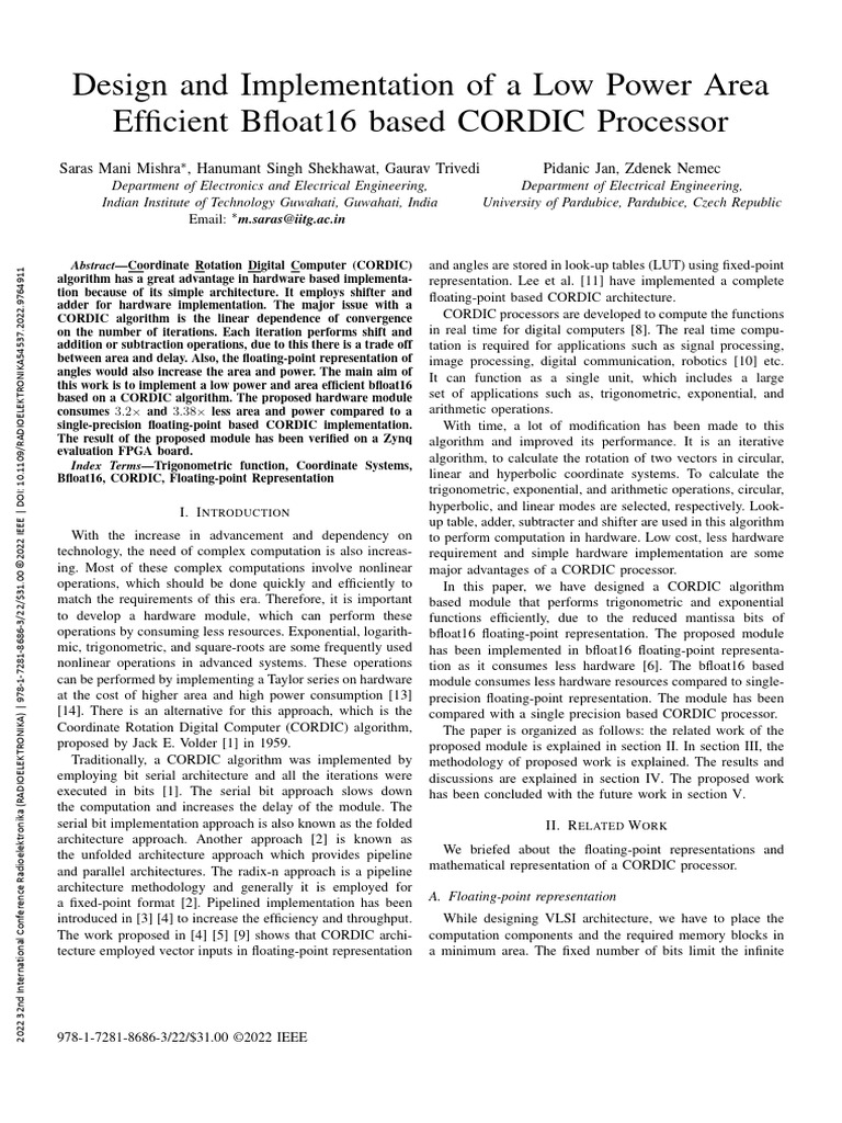Design and Implementation of A Low Power Area Efficient Bfloat16 Based CORDIC Processor (2022-C ...