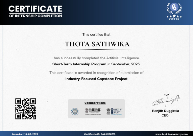 THOTA SATHWIKA Internship Completion Certificate | PDF