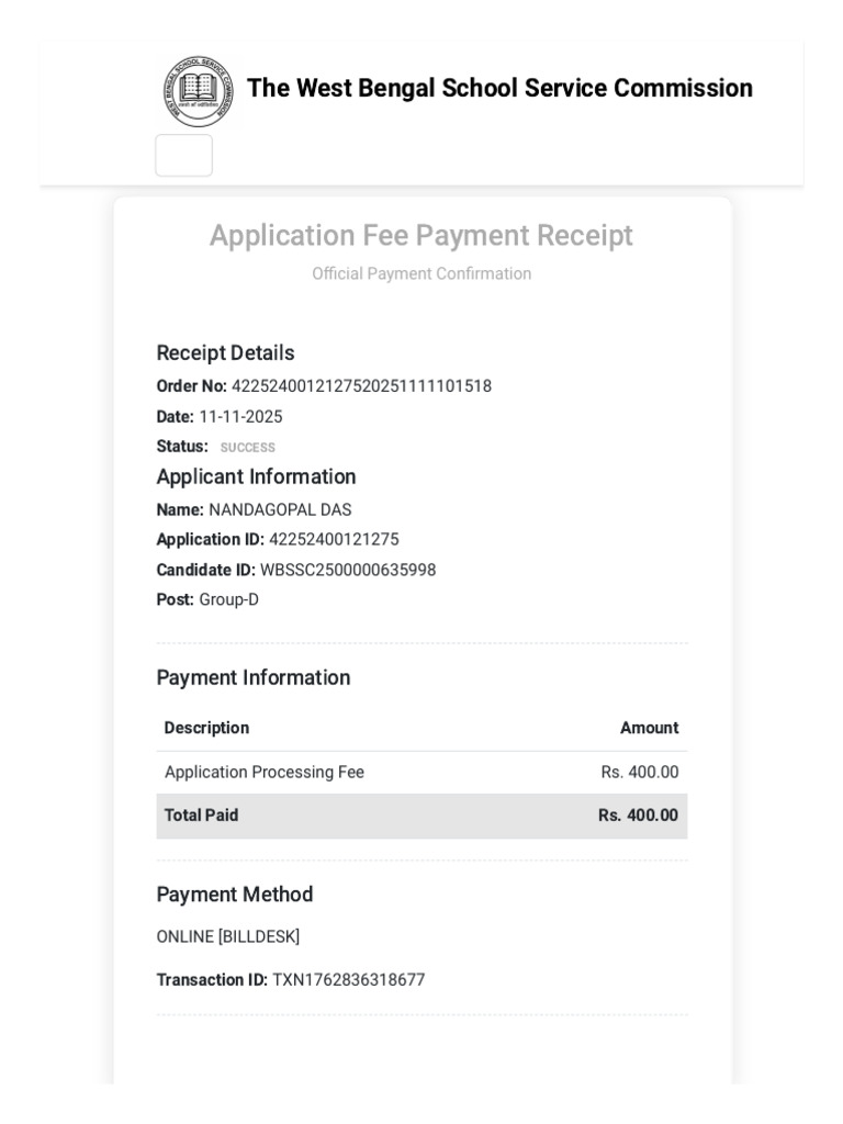 WBSSC Application Fee Receipt 2025 | PDF