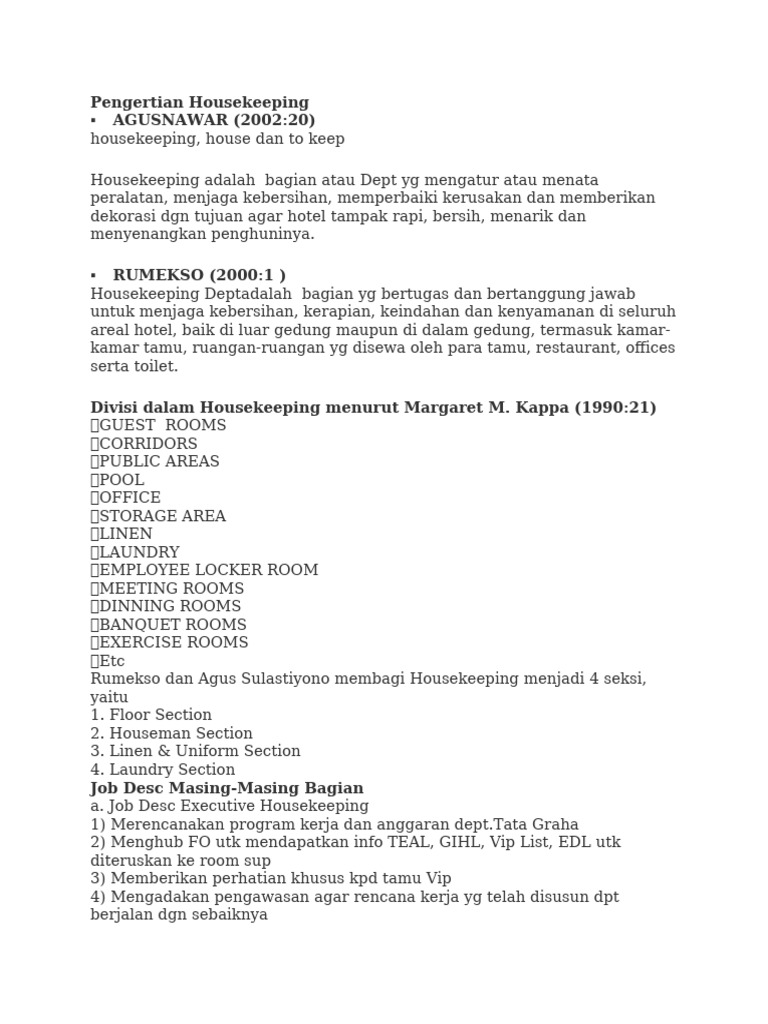 Pengertian dan Tugas Housekeeping Hotel | PDF