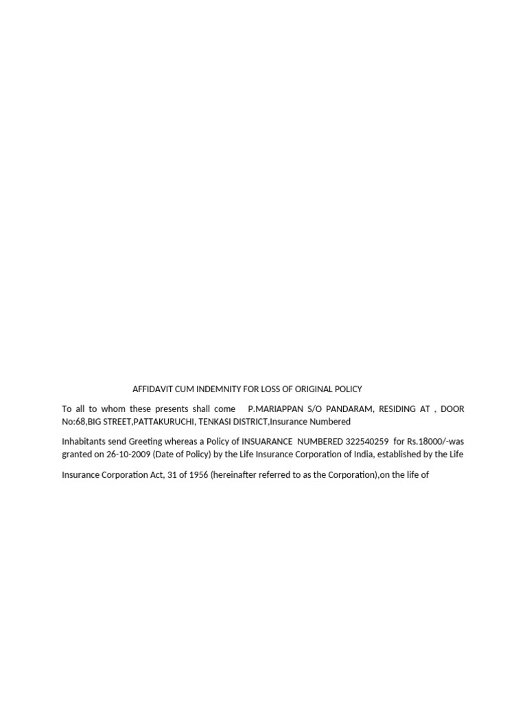 Affidavit for Lost Insurance Policy | PDF