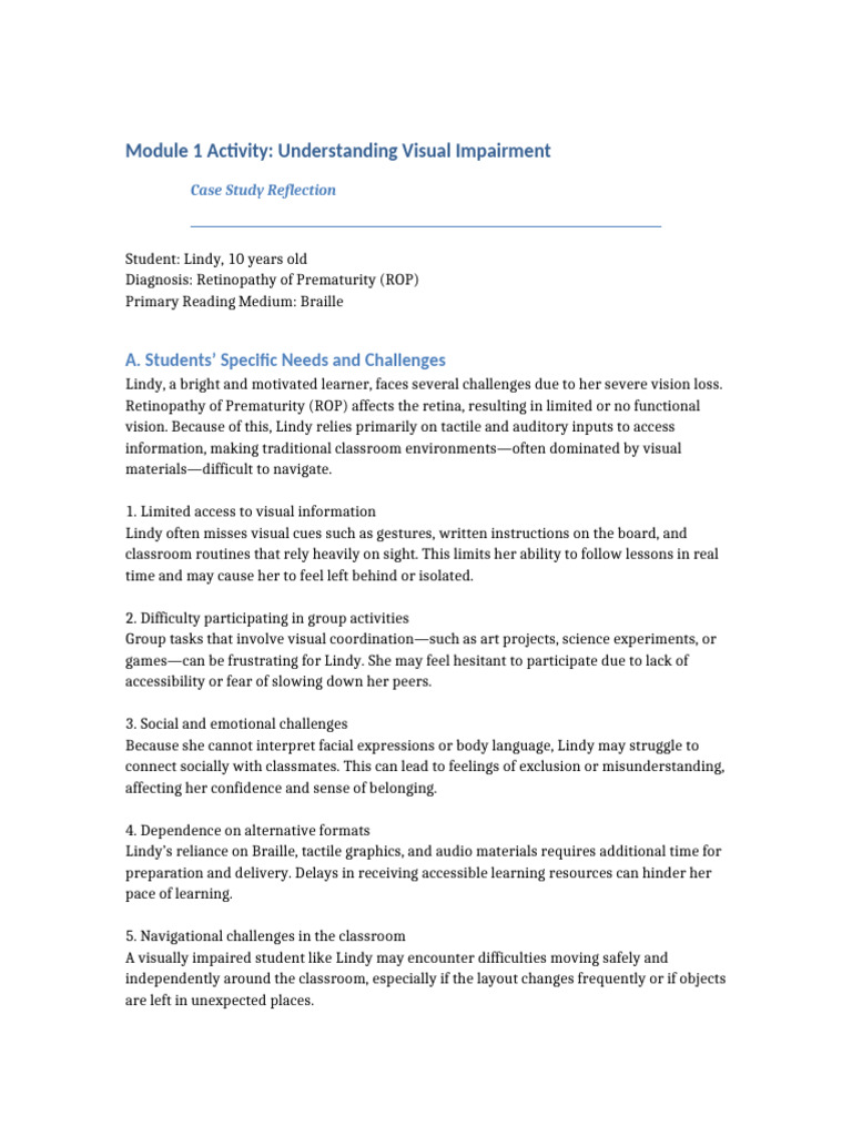 Understanding Visual Impairment Reflection | PDF | Visual Impairment | Teachers