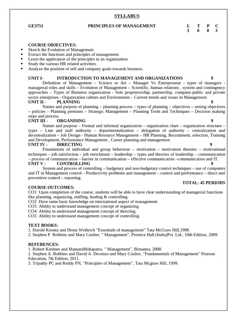 Principles of Management Syllabus | PDF | Science | System