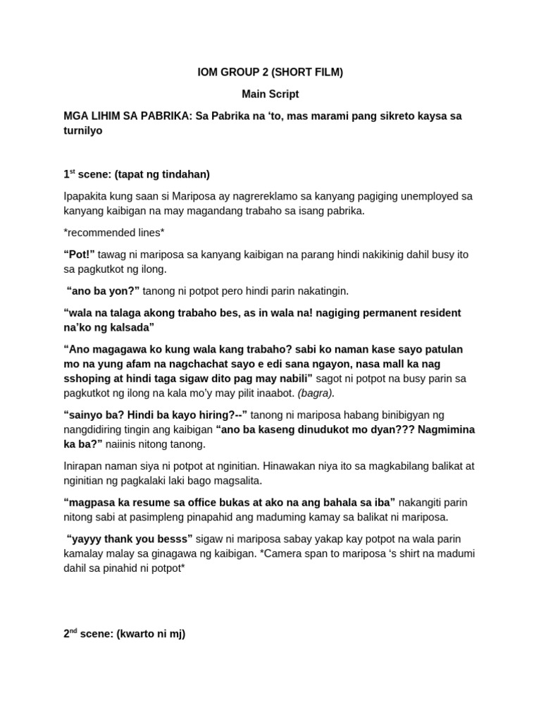 Mga Lihim Sa Pabrika Main Script Scene 1 Scene 10 | PDF