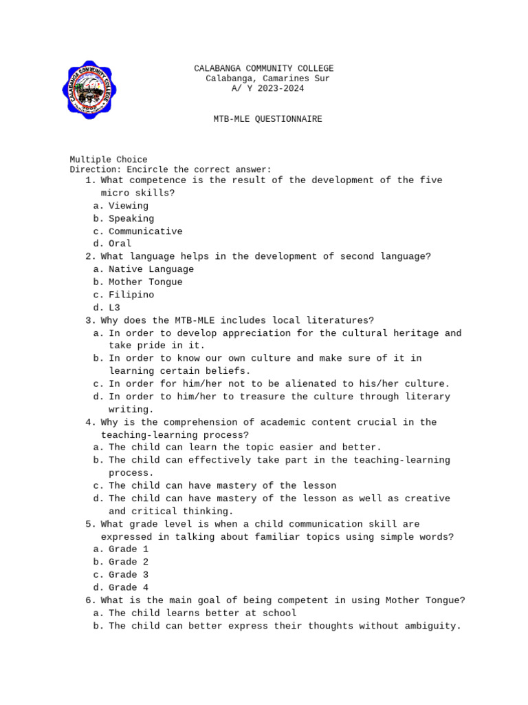 MTB MLE Questionnaire With Highlights | PDF | Multilingualism | Second Language