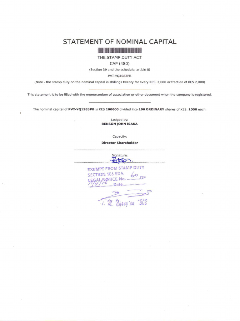 Statement of Nominal Capital | PDF