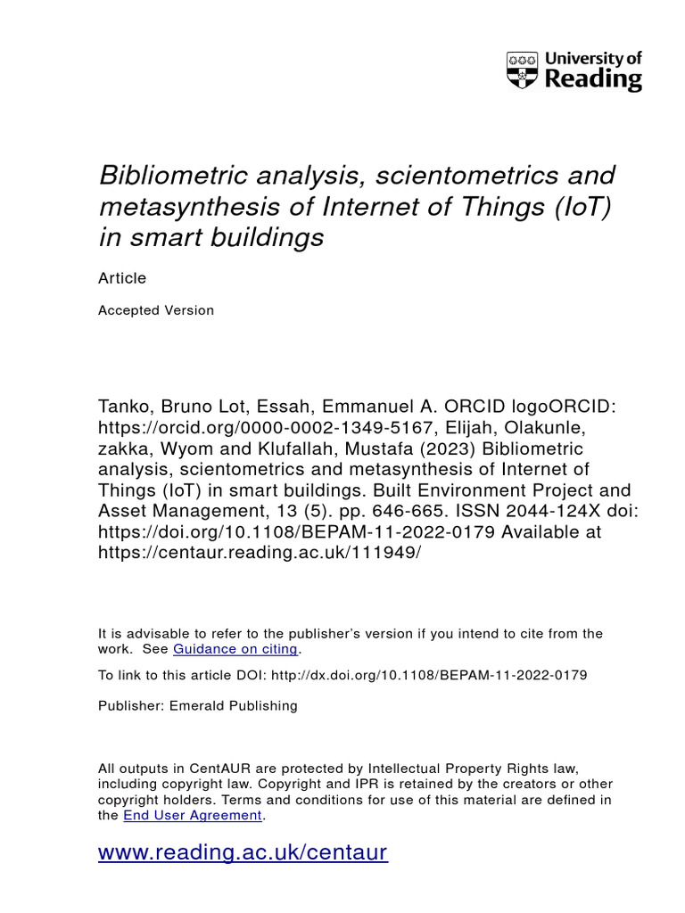 Bibliometric Analysis, Scientometrics and Metasynthesis of Internet of Things (IoT) in Smart ...