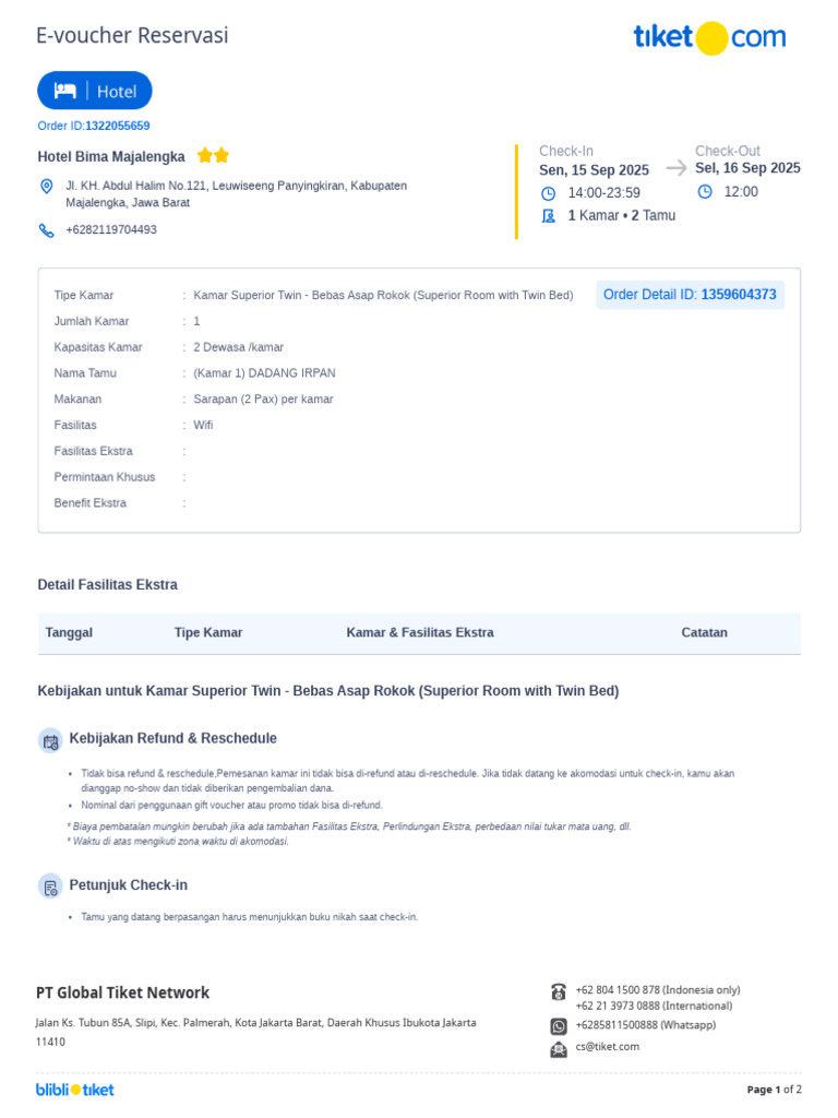Hotel E-Voucher - Order ID 1322055659 | PDF
