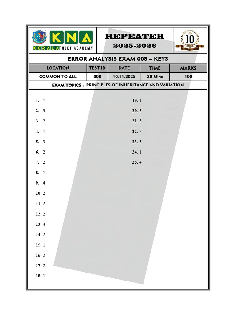 Error Analysis Exam 008 Keys | PDF