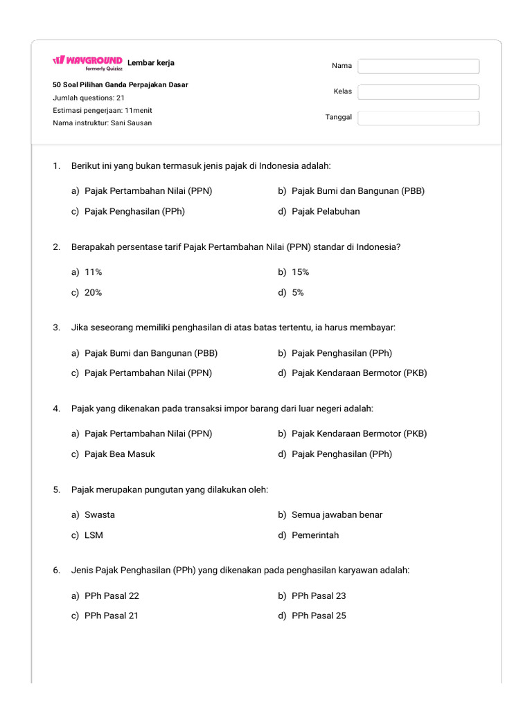 50 Soal Pilihan Ganda Perpajakan Dasar _ Wayground | PDF