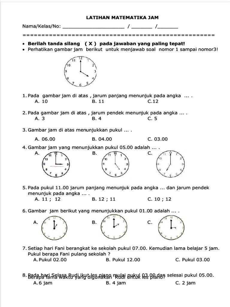 Latihan Matematika Jam untuk Anak | PDF