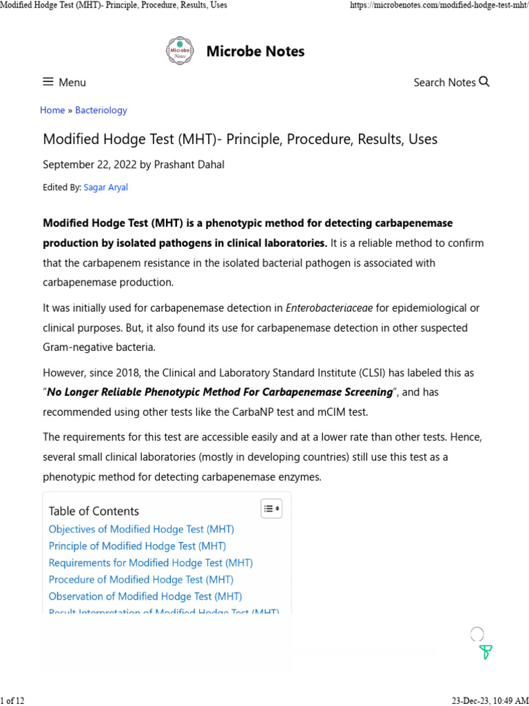 Modified Hodge Test for Carbapenemase Detection | PDF | Beta Lactamase ...