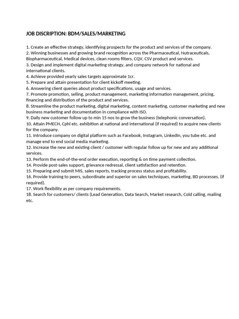 BDM/Sales/Marketing Job Overview | PDF
