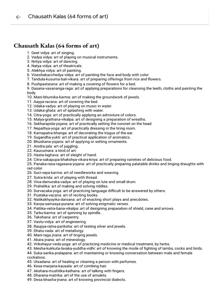 Chausath Kalas (64 forms of art) | PDF