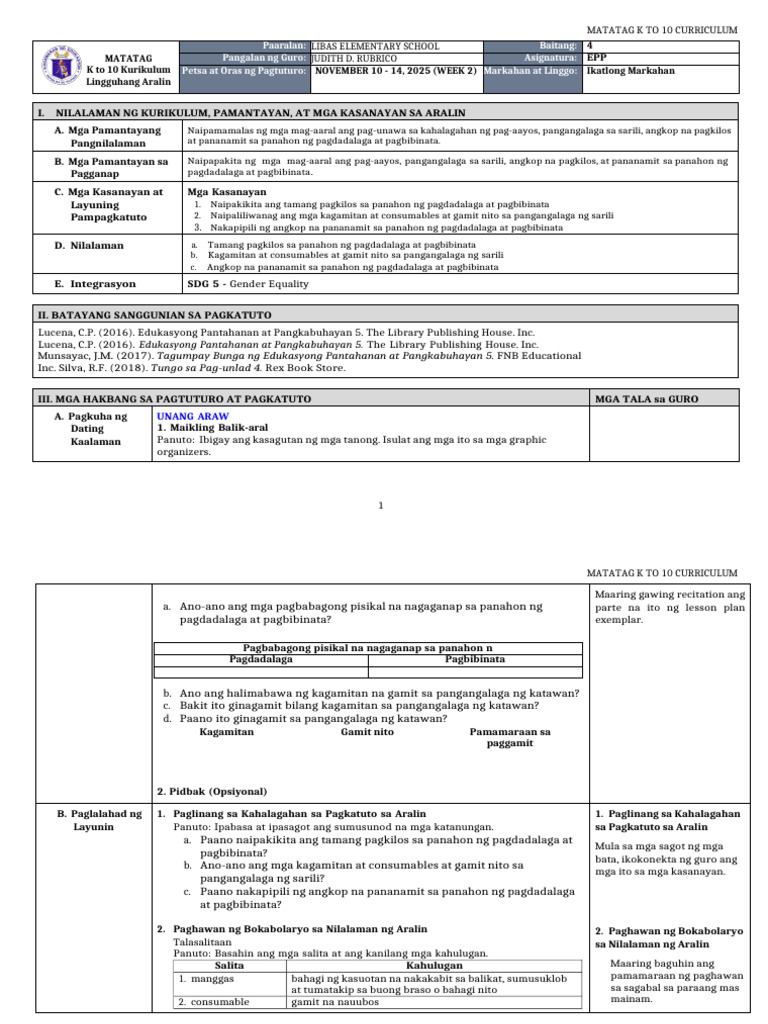 DLL Matatag - Epp 4 q3 w2 | PDF