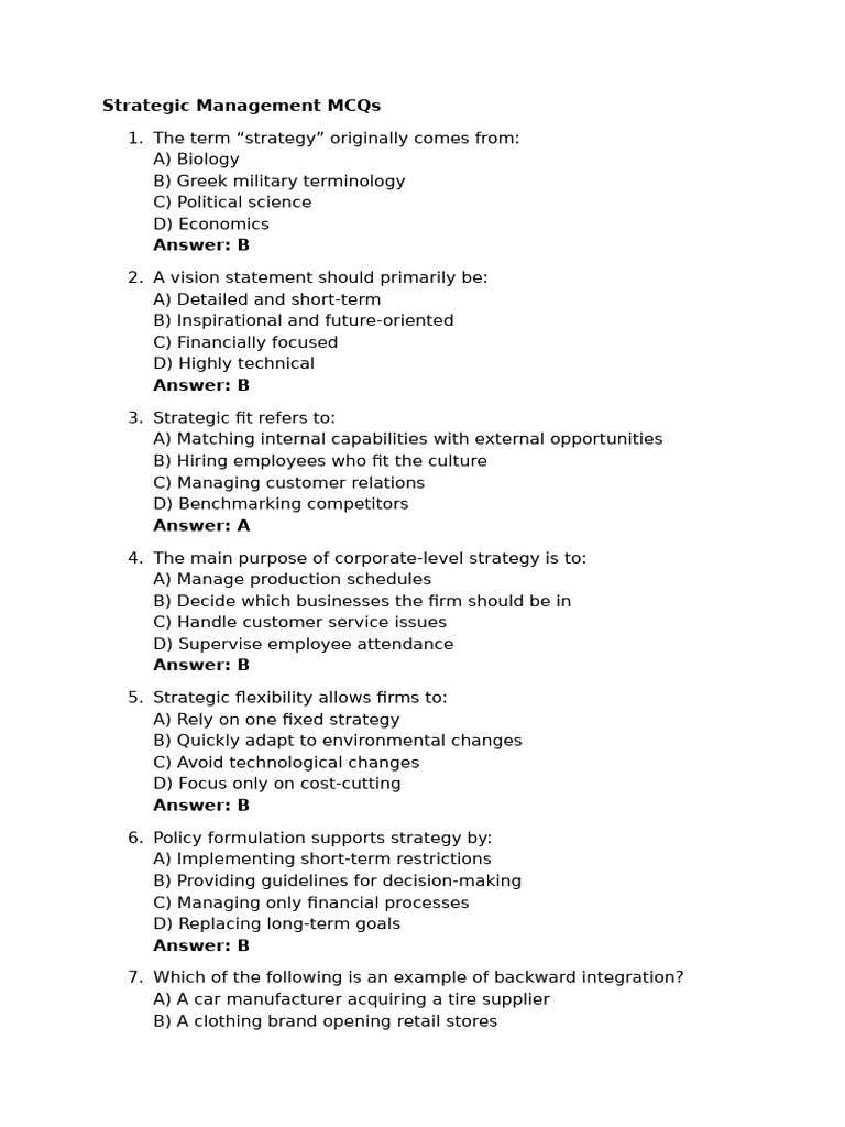 Strategic Management MCQs Part 3 | PDF | Strategic Management | Business