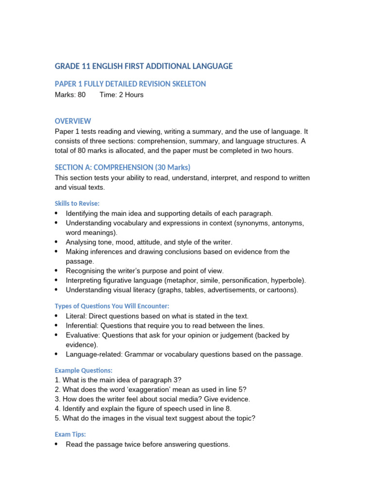 Grade11 EFAL Paper1 Fully Detailed Revision Skeleton | PDF | Part Of ...