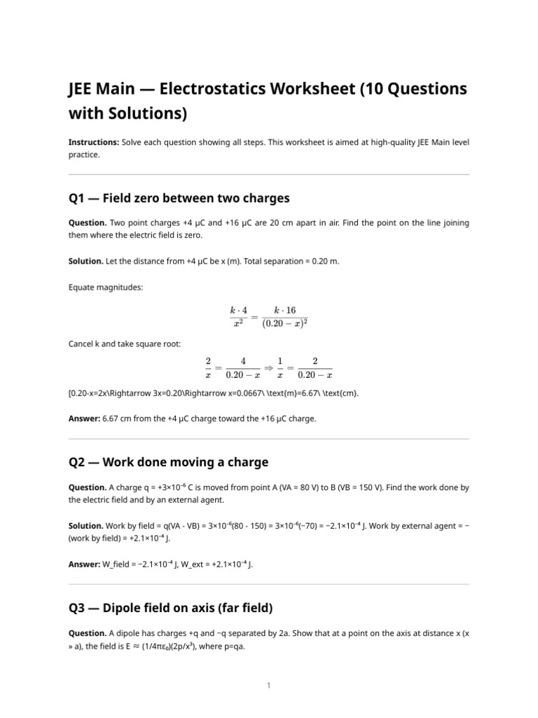 Jee Main - Electrostatics Worksheet (10 Qs With Solutions) | PDF | Capacitance | Electrical ...