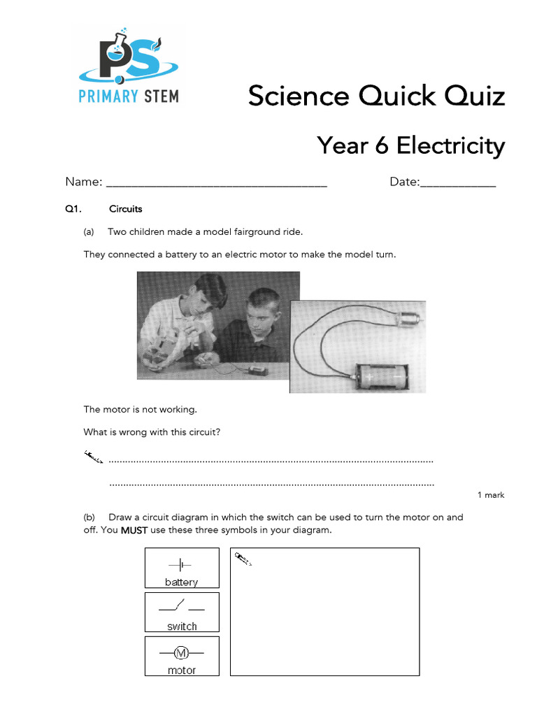 Year 6 Electricity Circuit Quiz | PDF | Electrical Connector | Switch