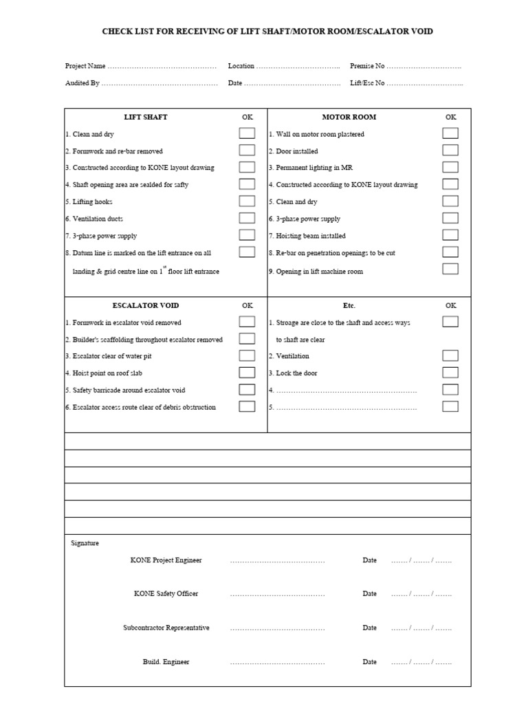 Lift Shaft and Escalator Safety Checklist | PDF