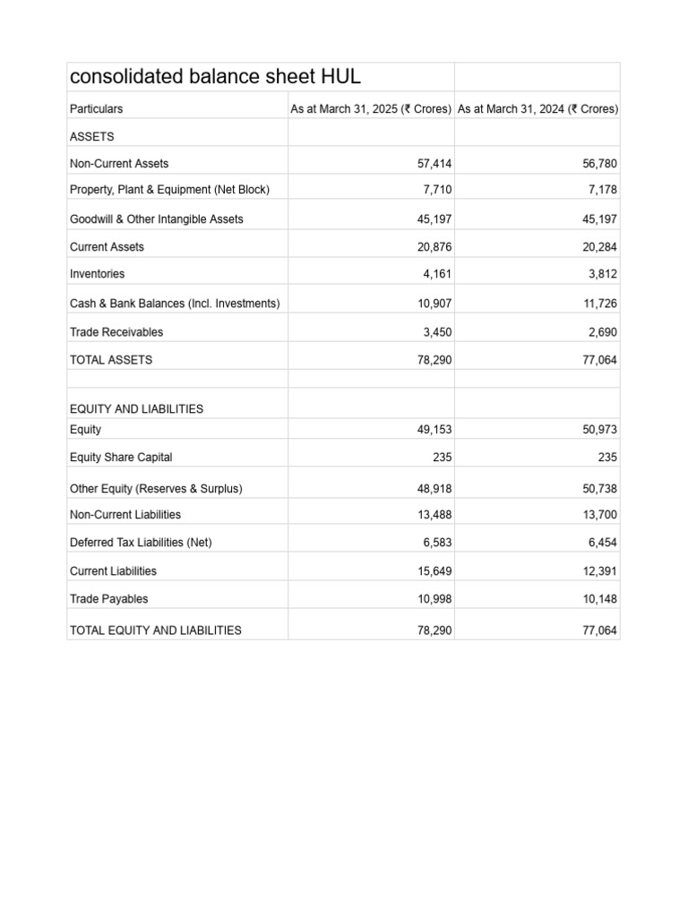 Provide Consolidated Balance Sheet of HUL The Fin... - Google Sheets | PDF