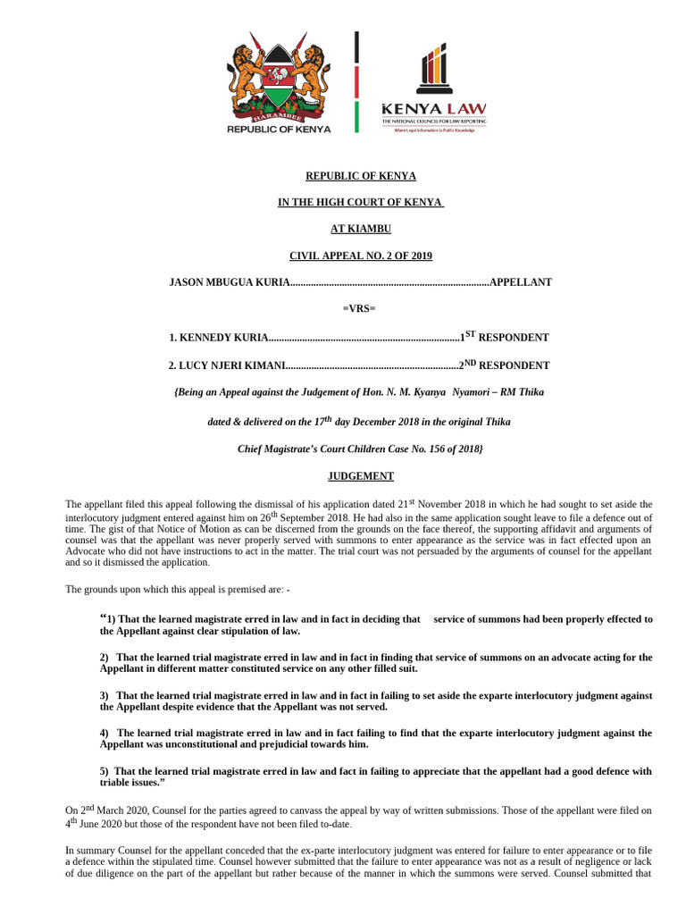 Jason Mbugua Kuria v Kennedy Kuria Another 2021KEHC8445(KLR) | PDF | Lawsuit | Judgment (Law)