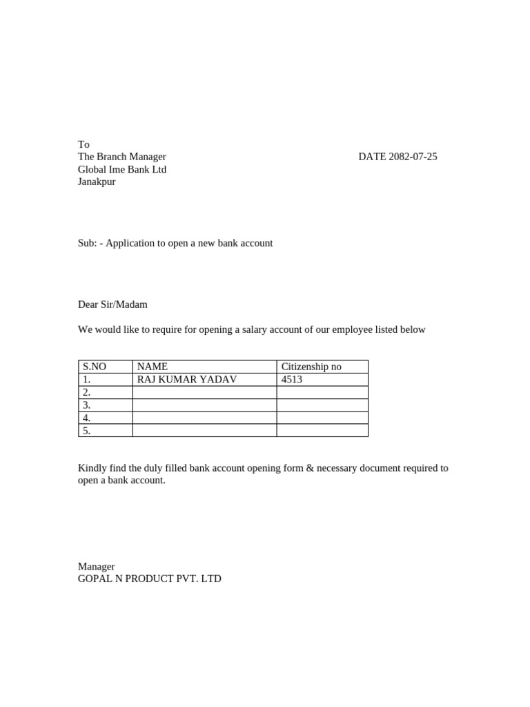 Bank Account Opeing Letter | PDF