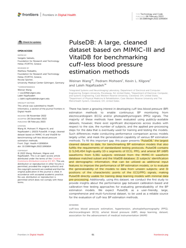 PulseDB: Benchmark Dataset for BP Estimation | PDF | Deep Learning ...