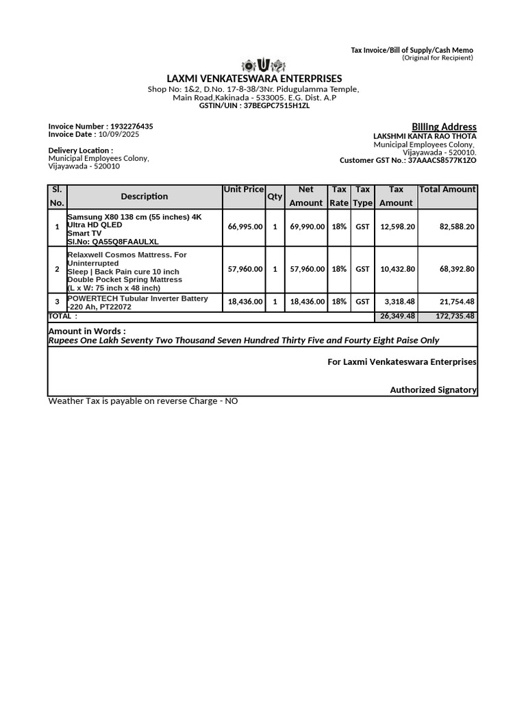 Tax Invoice for Electronics and Mattress | PDF