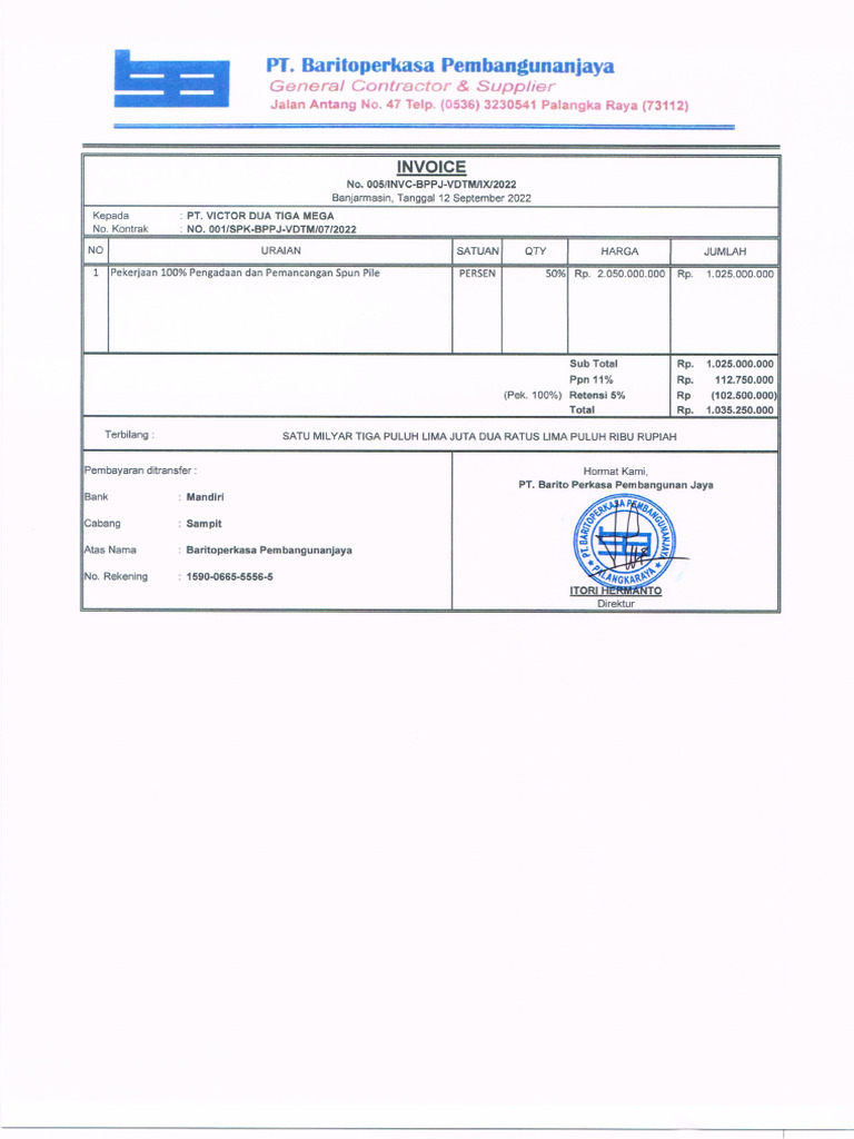 Invoice Pt. Victor Dua Tiga Mega No. 005 (Vdtm) | PDF