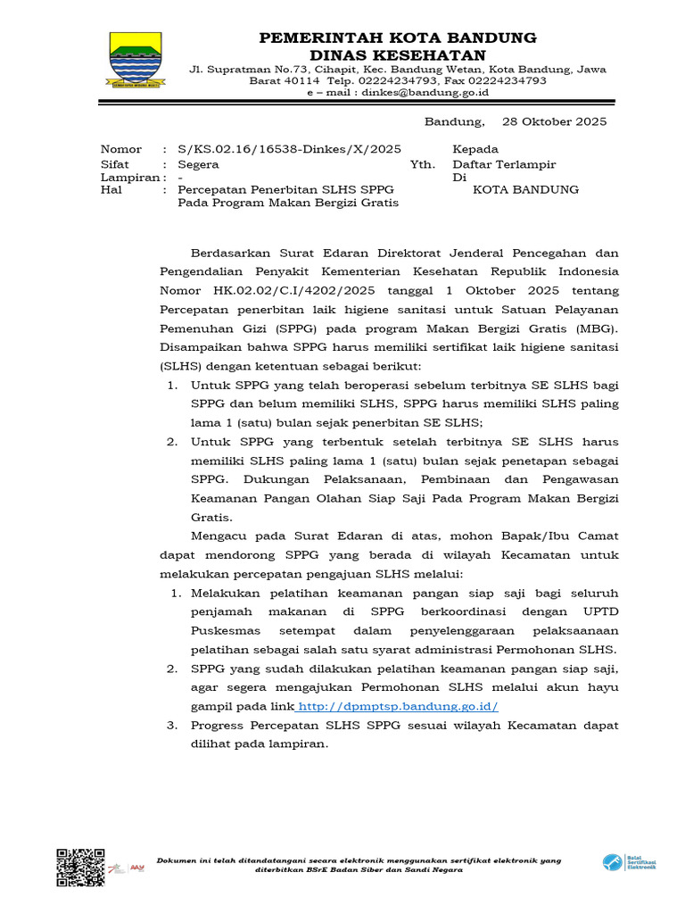 Percepatan SLHS SPPG di Bandung | PDF