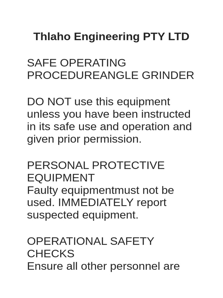 Angle Grinder Safe Operating Procedure | PDF | Mill (Grinding ...