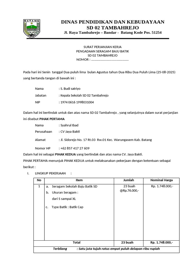 SPK Seragam Baju Batik SD 02 Tambahrejo 23 Buah | PDF
