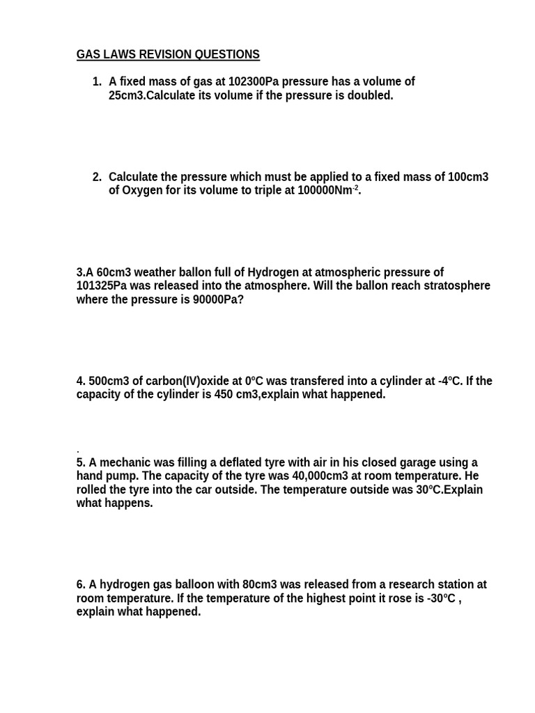 Gas Laws Revision Questions and Solutions | PDF