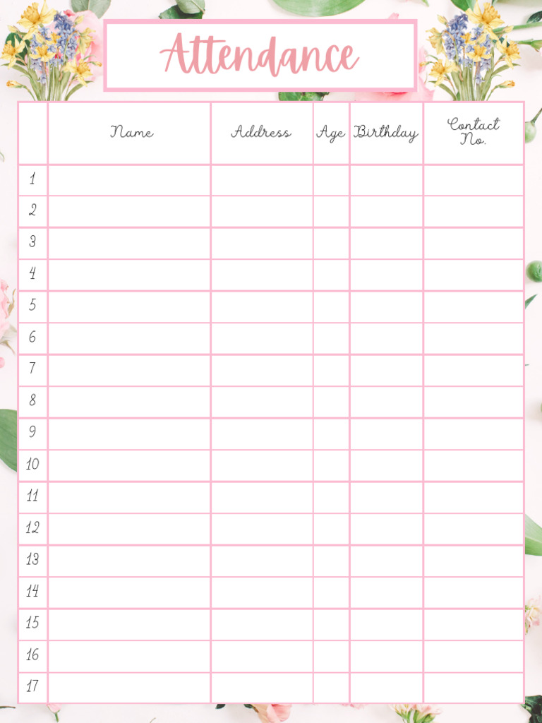 Attendance Worksheet in Blue and White Watercolor Style PDF | PDF