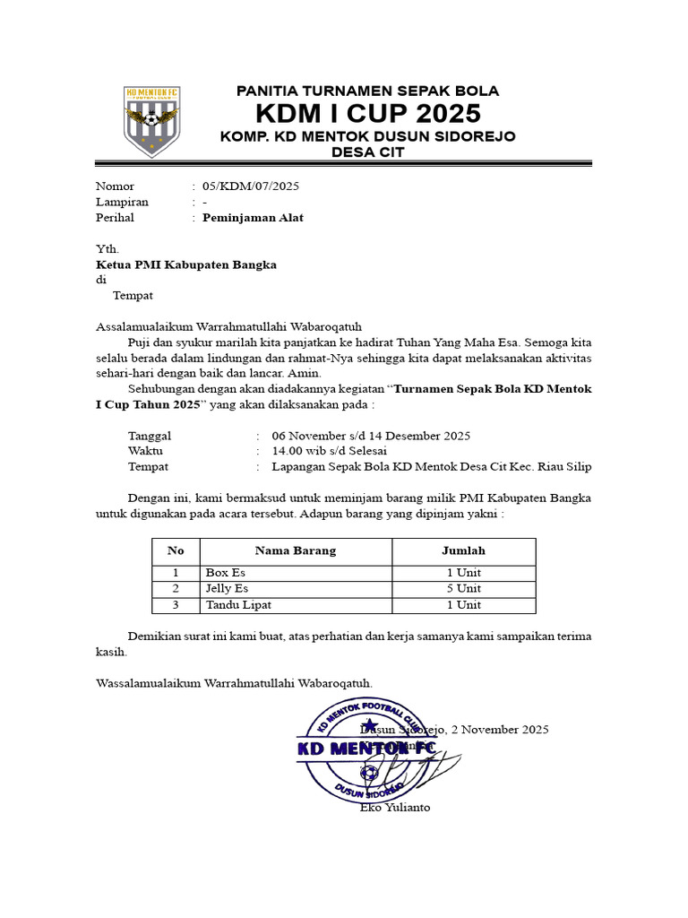 Kd Mentok Fc - Peminjaman Alat Pmi | PDF