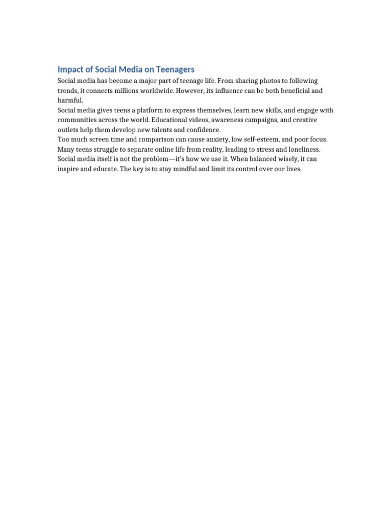 Impact of Social Media On Teenagers | PDF