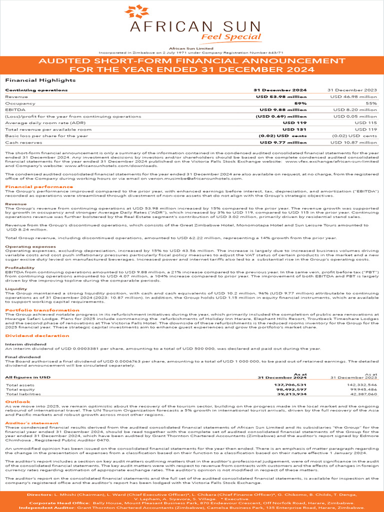 African Sun Limited Financial Report | PDF | Expense | Income Statement