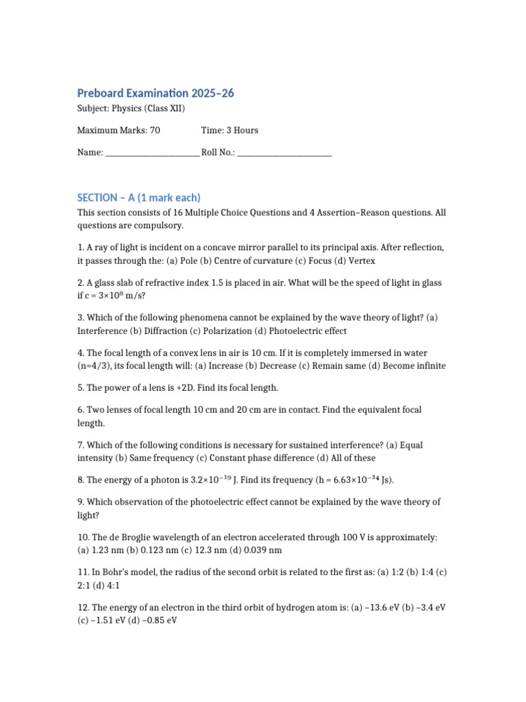 Class XII Physics Preboard Question Paper 2025-26 | PDF | Photoelectric ...