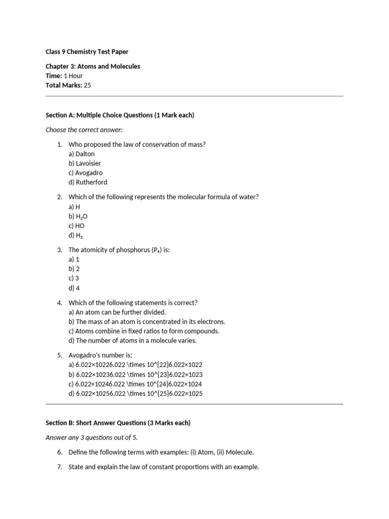 Class 9 Chemistry Test: Atoms & Molecules | PDF