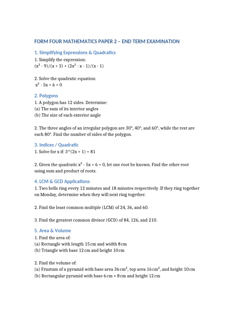 Form Four Mathematics Paper 2 End Term Examination | PDF | Area ...