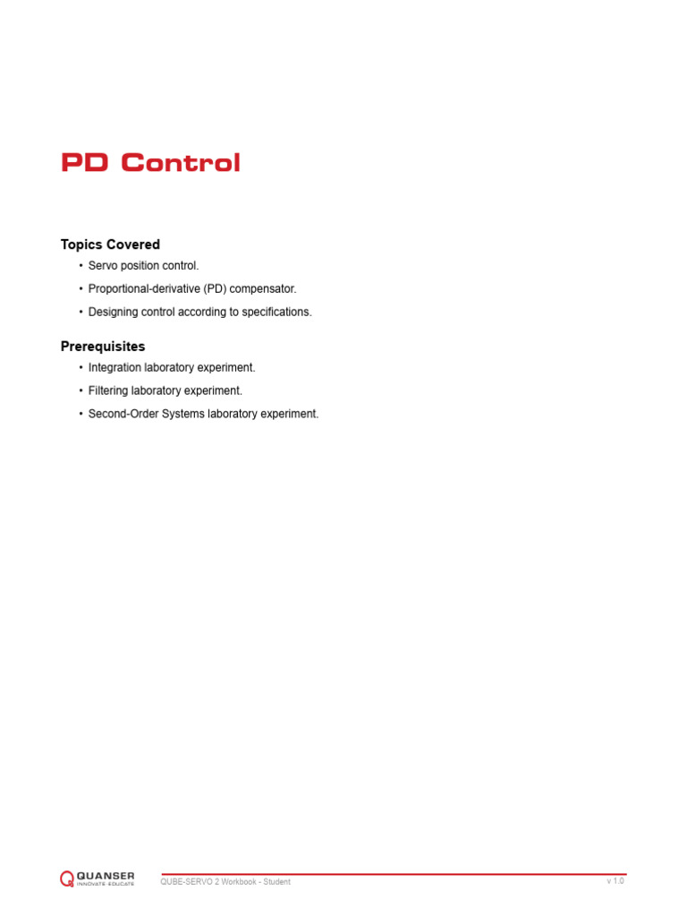 QUBE-Servo 2 PD Control Workbook (Student) | PDF | Applied Mathematics | Computer Engineering