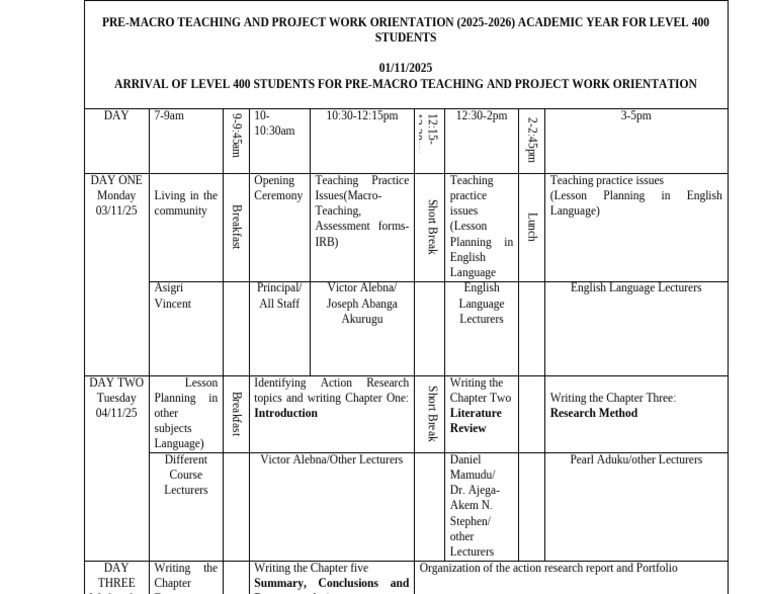 Pre-Macro Teaching Orientation (2024-2025) Academic Year For Level 400 ...