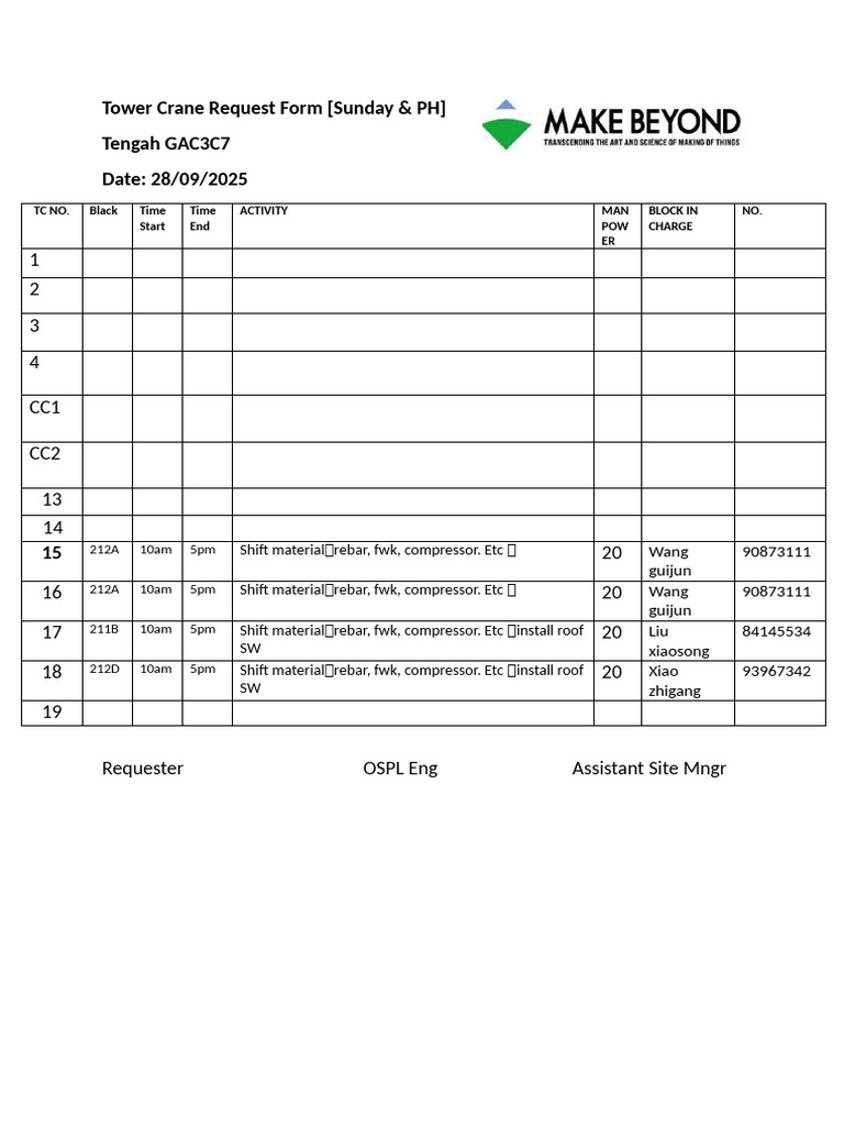 Tower Crane Request Form Template | PDF